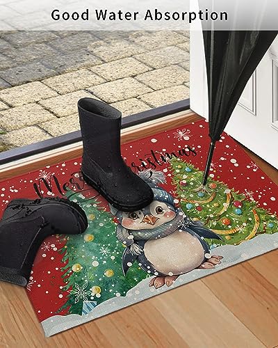 Kitchen Rug,Penguins Merry Christmas Tree Non Slip Doormat Absorbent Carpet,Winter Snowflakes Red Back Front Door Mat Washable Floor Mat for Bathroom Bedroom Entryway 20x32in