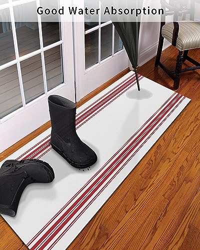 Floor Mat Kitchen Rug Red Stripe White Back Farmhouse Style Washable Doormat Non Slip Bathroom Rugs,Classic Simple Lines Absorbent Carpet for Bedroom Laundry Living Room Sink 20x47in