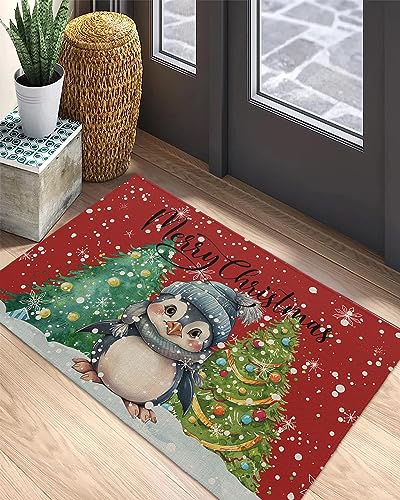 Kitchen Rug,Penguins Merry Christmas Tree Non Slip Doormat Absorbent Carpet,Winter Snowflakes Red Back Front Door Mat Washable Floor Mat for Bathroom Bedroom Entryway 20x32in