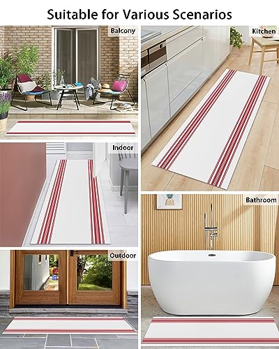 Floor Mat Kitchen Rug Red Stripe White Back Farmhouse Style Washable Doormat Non Slip Bathroom Rugs,Classic Simple Lines Absorbent Carpet for Bedroom Laundry Living Room Sink 20x47in