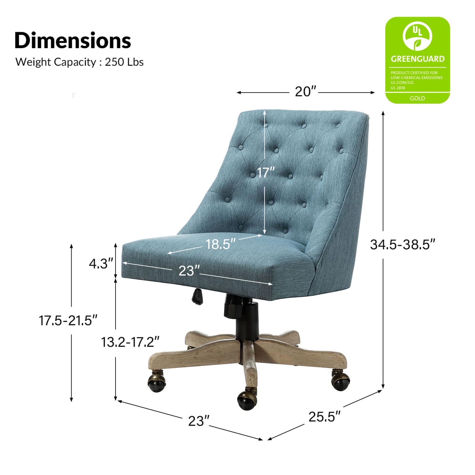 Modern Tufted Armless Home Office Chair, Comfy Upholstered Desk Chair with Vintage Wood Base, Height Adjustable Swivel Computer Task Chair for Living Room Bedroom, Blue
