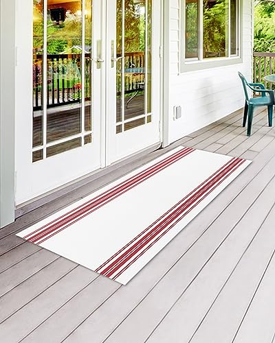 Floor Mat Kitchen Rug Red Stripe White Back Farmhouse Style Washable Doormat Non Slip Bathroom Rugs,Classic Simple Lines Absorbent Carpet for Bedroom Laundry Living Room Sink 20x47in