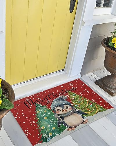 Kitchen Rug,Penguins Merry Christmas Tree Non Slip Doormat Absorbent Carpet,Winter Snowflakes Red Back Front Door Mat Washable Floor Mat for Bathroom Bedroom Entryway 20x32in