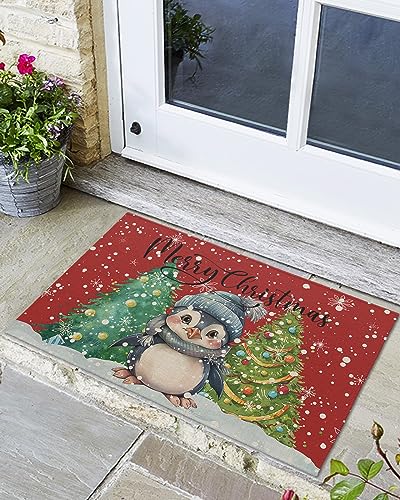 Kitchen Rug,Penguins Merry Christmas Tree Non Slip Doormat Absorbent Carpet,Winter Snowflakes Red Back Front Door Mat Washable Floor Mat for Bathroom Bedroom Entryway 20x32in