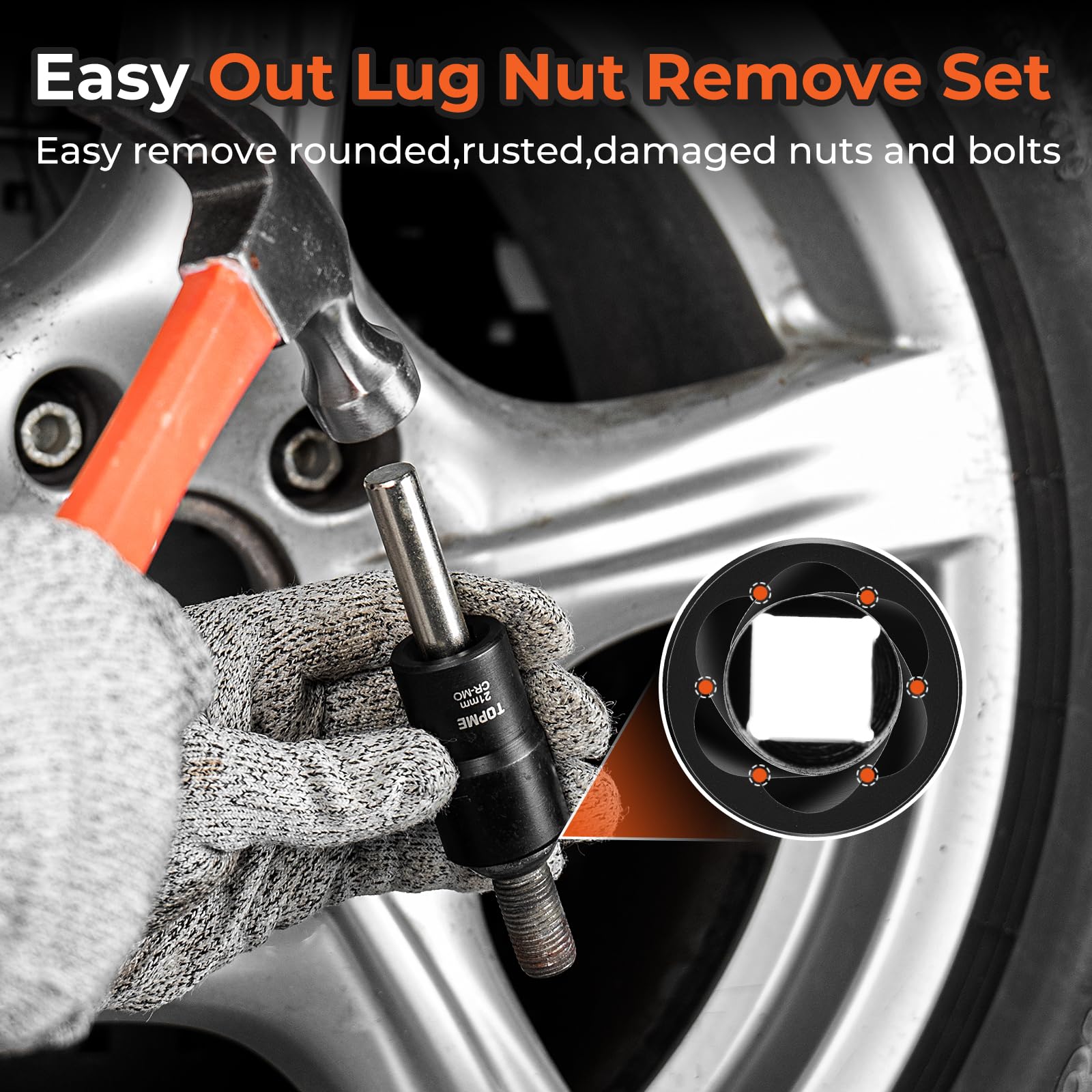 Topme Lug Nut Removal Tool, 6 Pieces Lug Nut Extractor Set 1/2 Inch Drive, Locking Lug Nut Removal Tool for Damaged, Frozen, Studs, Rusted, Rounded-Off Bolts & Nuts Screws