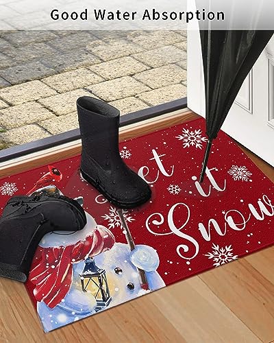 Kitchen Rug,Snowman Christmas Cardinal Non Slip Doormat Absorbent Carpet,Winter Snowflakes Red Back Front Door Mat Washable Floor Mat for Bathroom Bedroom Entryway 16x24in