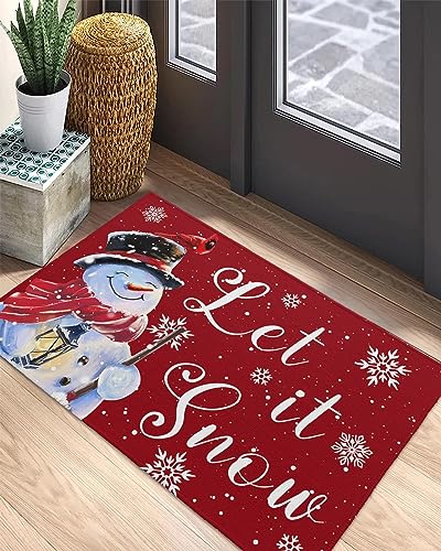 Kitchen Rug,Snowman Christmas Cardinal Non Slip Doormat Absorbent Carpet,Winter Snowflakes Red Back Front Door Mat Washable Floor Mat for Bathroom Bedroom Entryway 16x24in