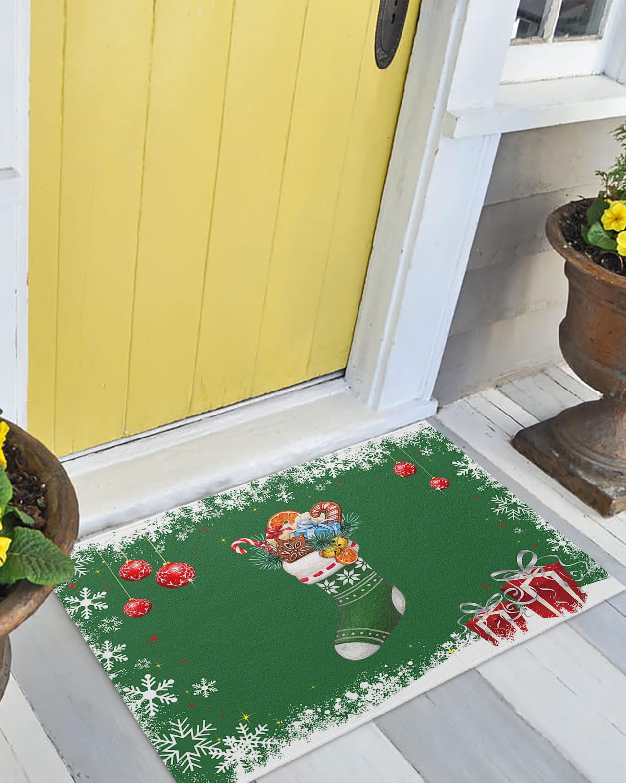 Indoor Door Mat Washable Mat 16x24 Inch - Outdoor Non-Slip Mat Absorbent Resist Dirt Doormats Socks Pattern Green Floor Mat for Entryway Patio Bathroom