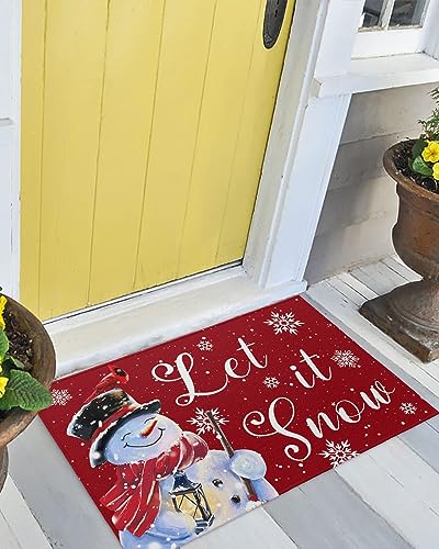 Kitchen Rug,Snowman Christmas Cardinal Non Slip Doormat Absorbent Carpet,Winter Snowflakes Red Back Front Door Mat Washable Floor Mat for Bathroom Bedroom Entryway 16x24in