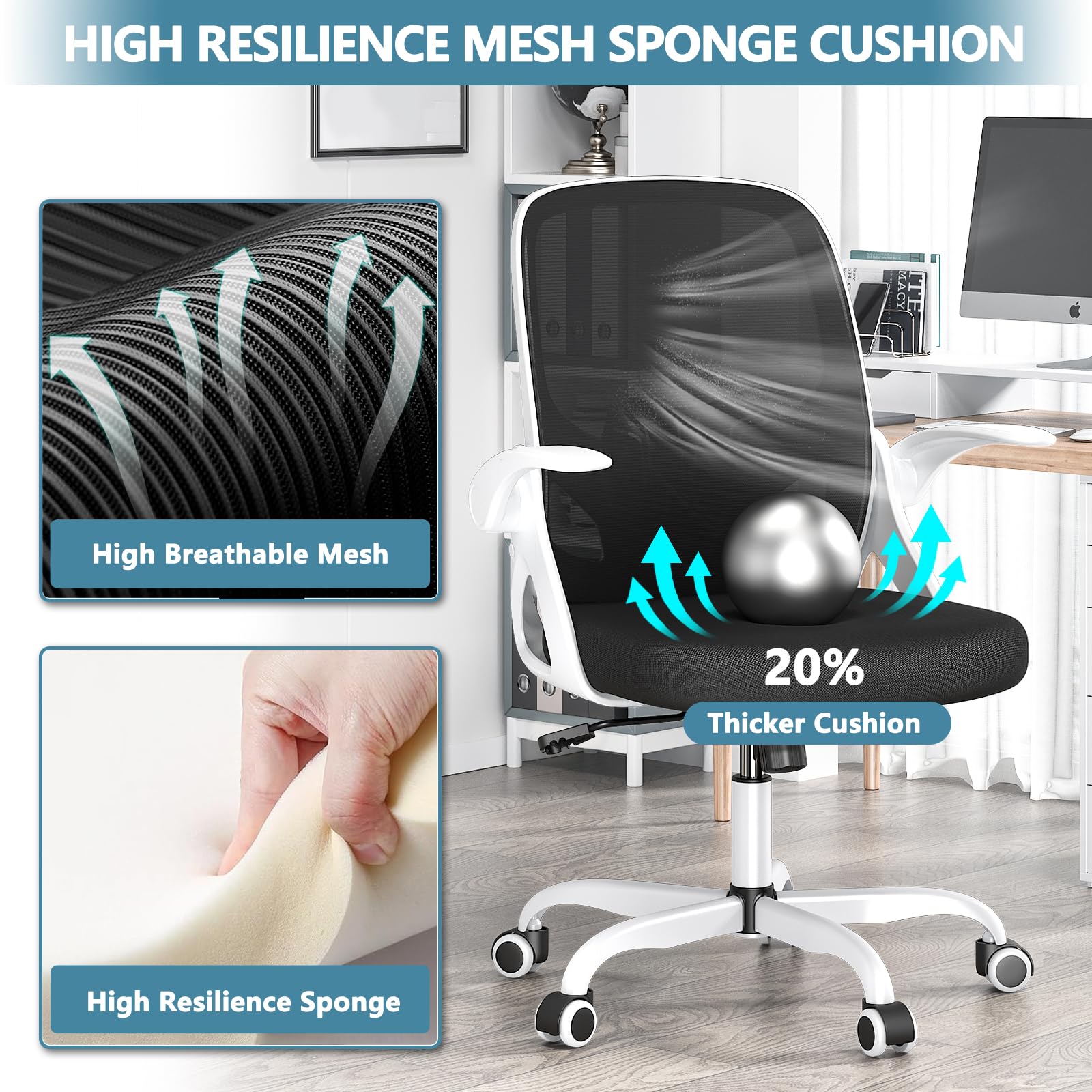 Kensaker Home Desk Chair with Back Supportive Lumbar Support, Breathable Double Mesh Cushion Home Desk Office Chair with Flip up Arms, Modern Ergonomic Home Desk Office Chair for Home and Work(White)