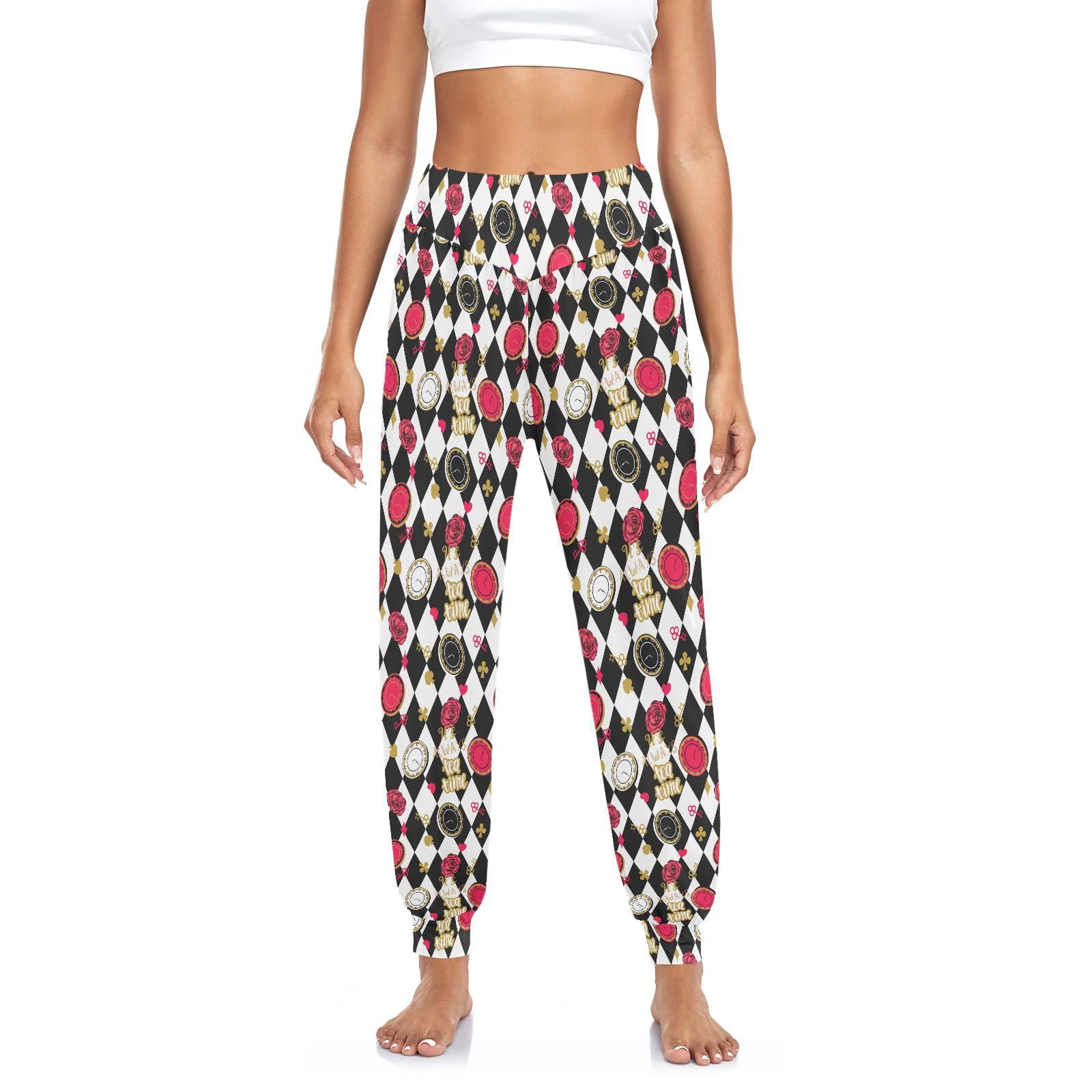 Fustylead Alice Chess Board Women's Smocked Waist Yoga Boho Harem Pants Joggers Athletic Pants
