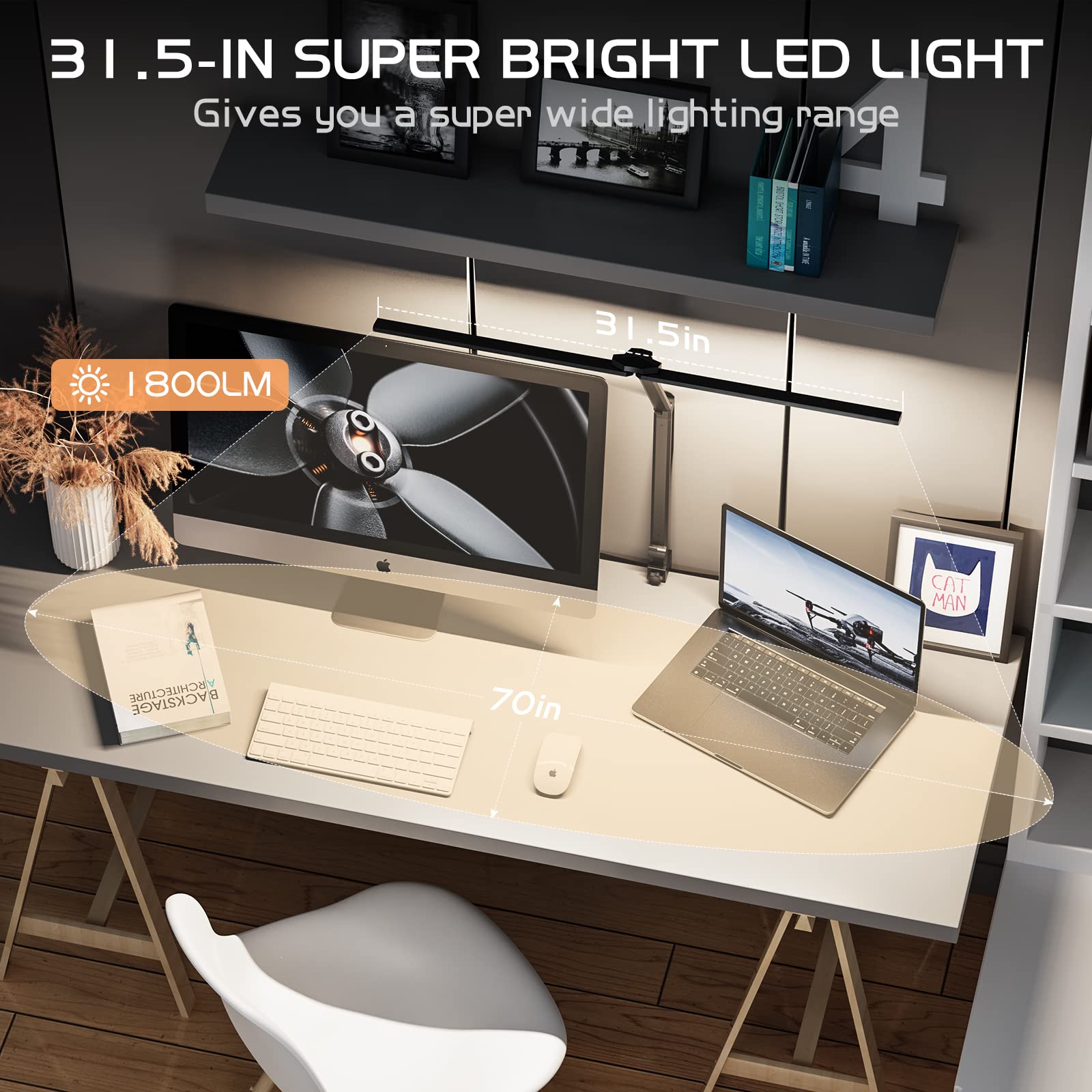Torchlet Desk Lamps for Home Office, 24W Architect Desk Lamp with Clamp, 31.5" Wide Adjustable LED Desk Light, Stepless Dimming Desk Lamp, Double Head Office Lamp for Workbench Drafting, Task, DL03