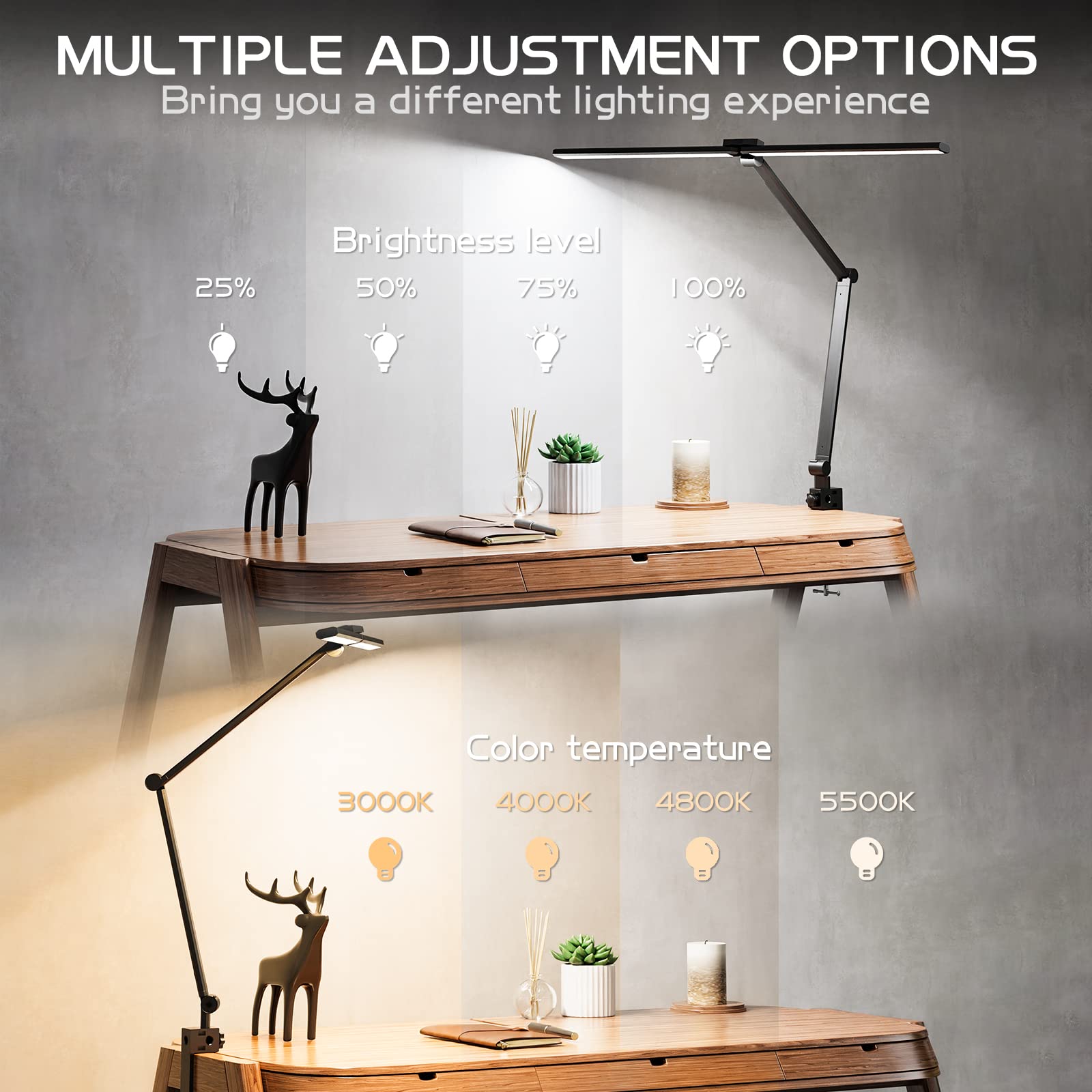 Torchlet Desk Lamps for Home Office, 24W Architect Desk Lamp with Clamp, 31.5" Wide Adjustable LED Desk Light, Stepless Dimming Desk Lamp, Double Head Office Lamp for Workbench Drafting, Task, DL03