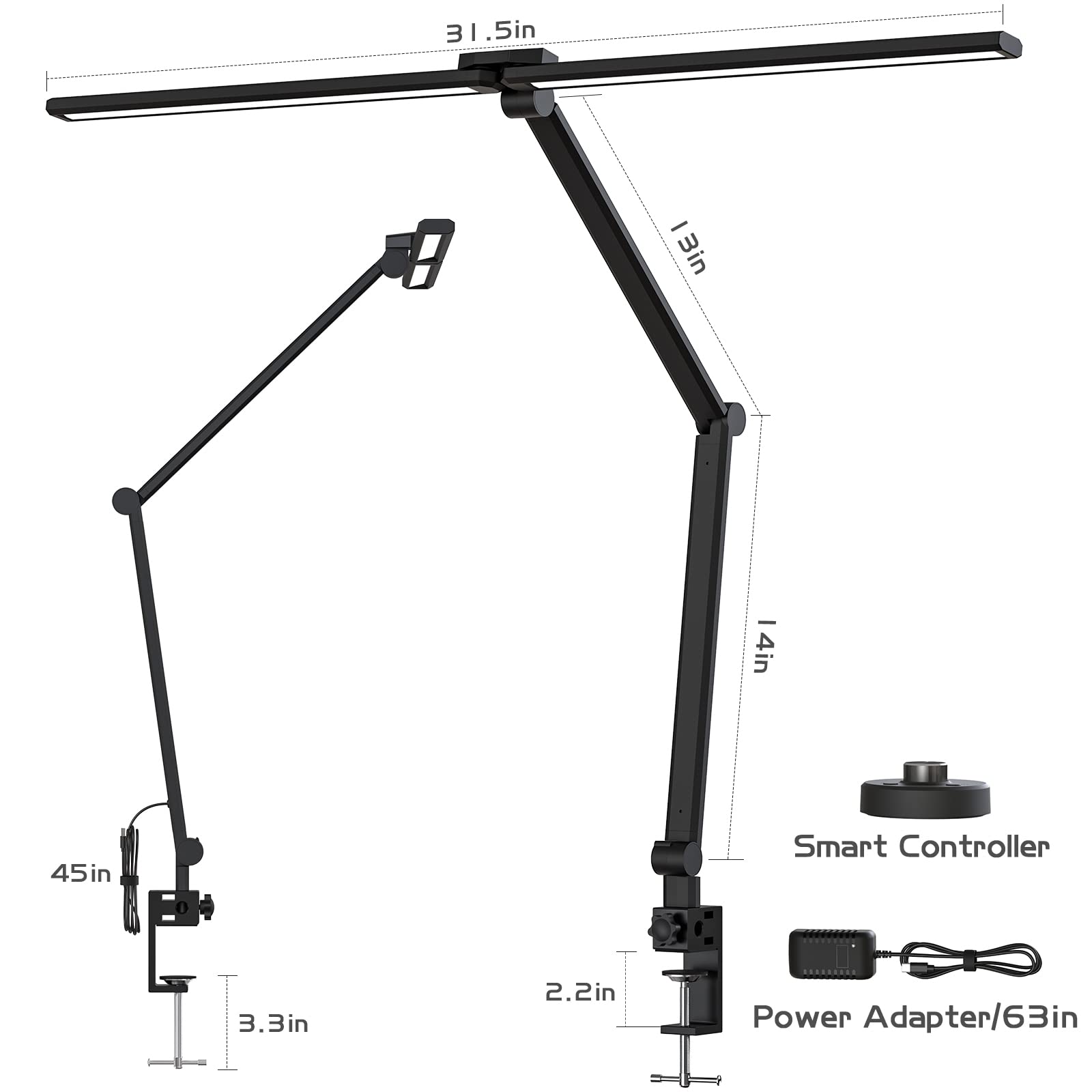 Torchlet Desk Lamps for Home Office, 24W Architect Desk Lamp with Clamp, 31.5" Wide Adjustable LED Desk Light, Stepless Dimming Desk Lamp, Double Head Office Lamp for Workbench Drafting, Task, DL03