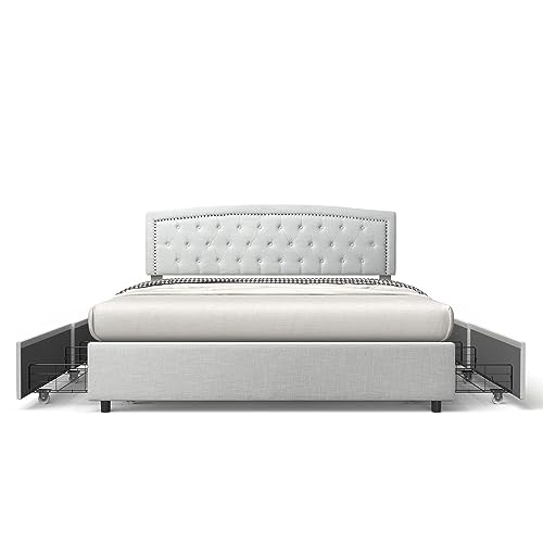 BONSOIR King Size Storage Bed Frame Sand Color Upholstered Low Profile Traditional Platform with Tufted and Nail Headboard