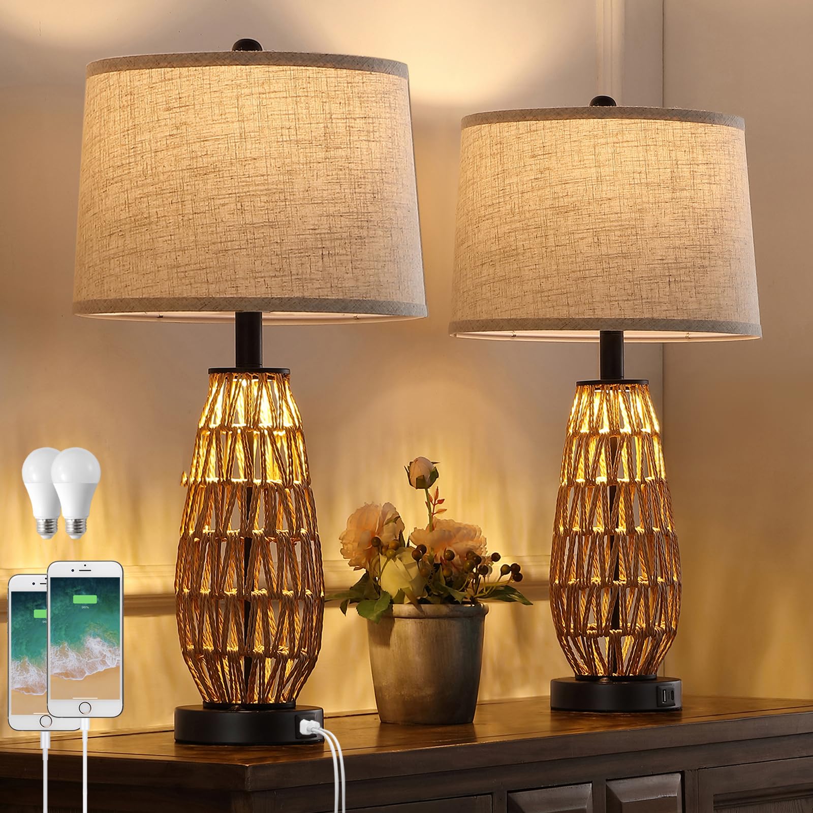 TUUANA 26in Rattan Table Lamps Set of 2 with USB Charging Ports, Farmhouse Wicker Lamps for Living Room End Table, Coastal Lamps for Bedroom Bedside Nightstand, 2 LED Bulbs & 2 Nightlights Included