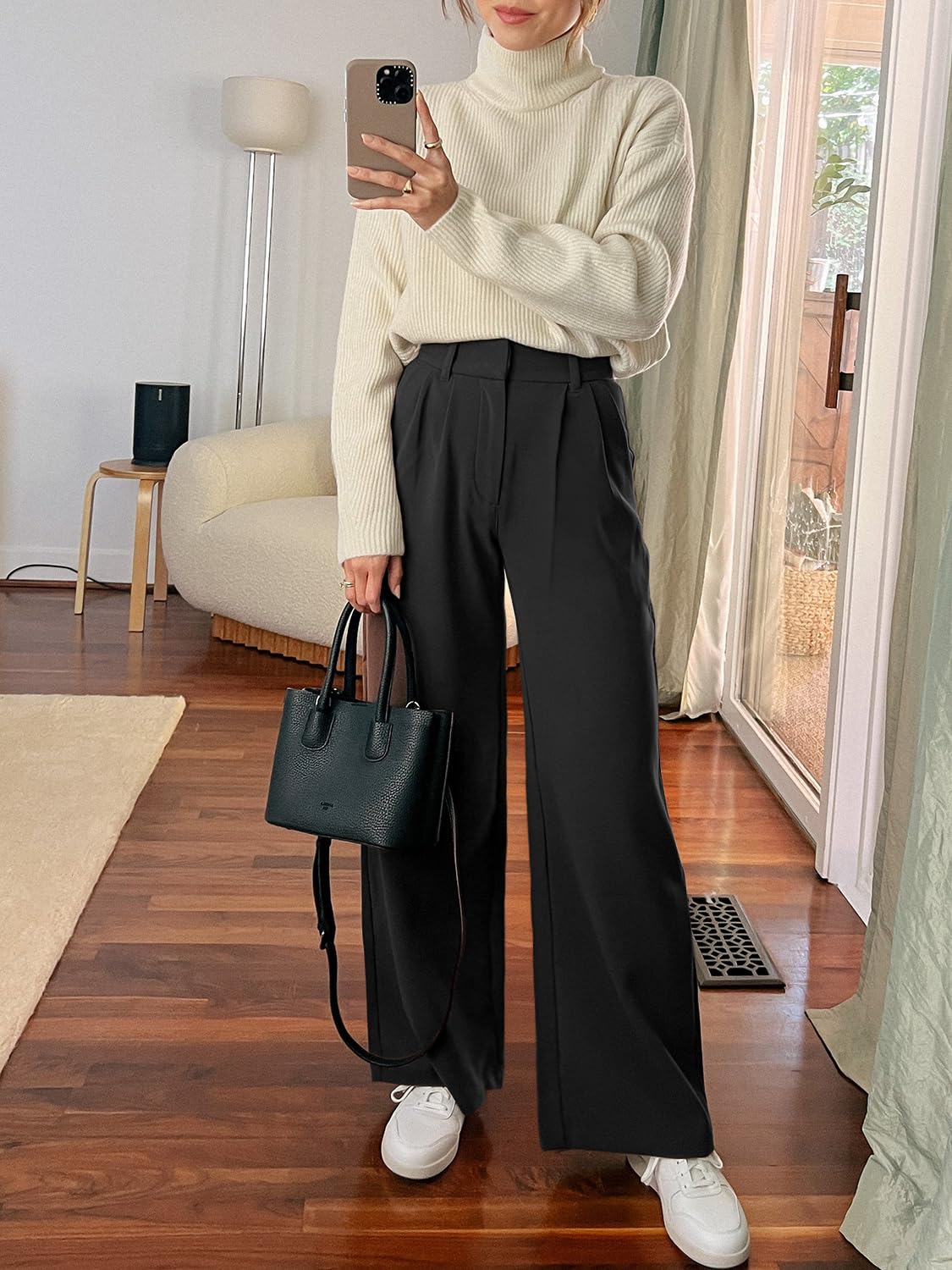 NIeyook Women's Wide Leg Pants Elastic High Waisted Trousers Business Work Casual Pants with Pockets Black