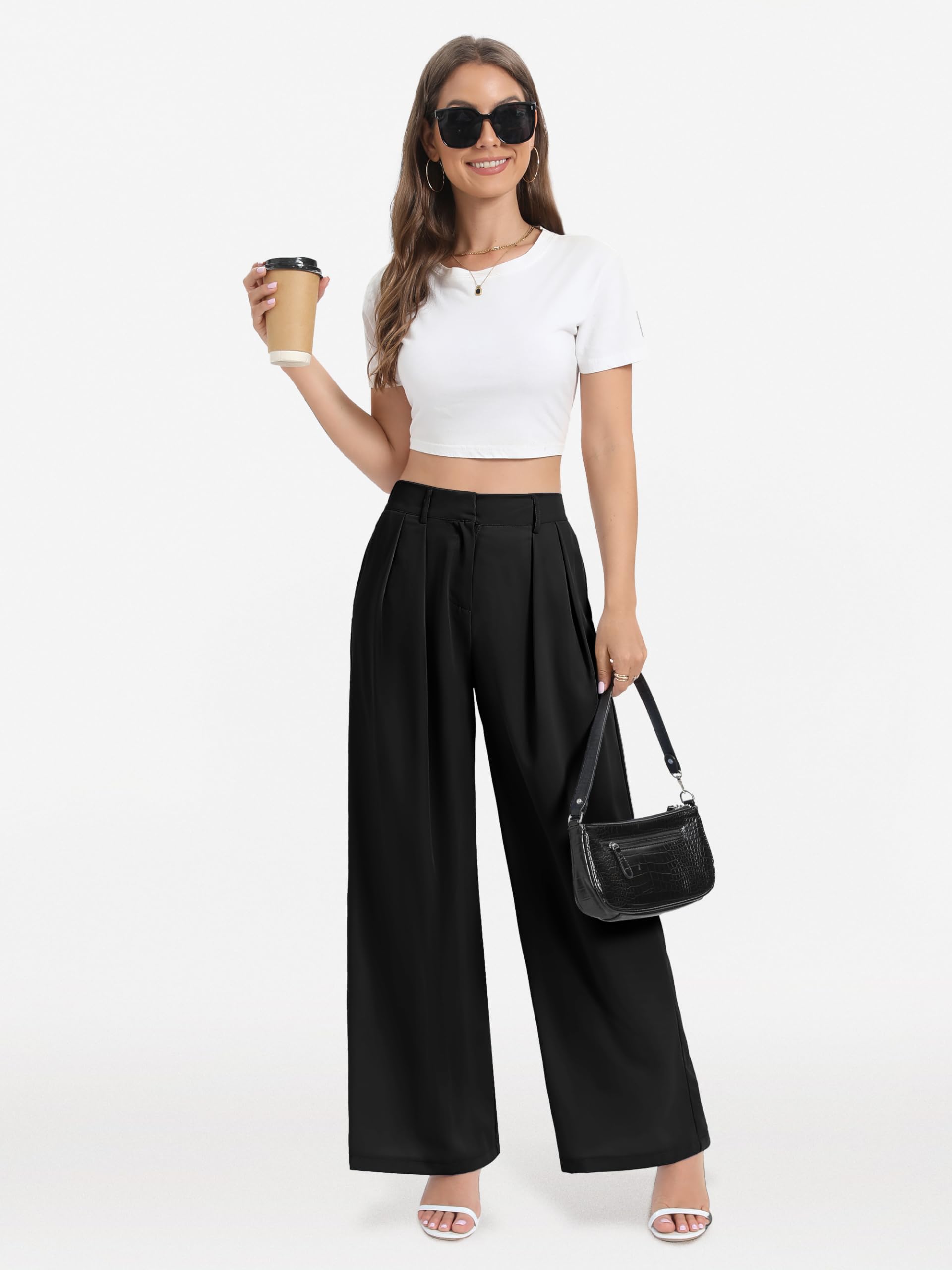 NIeyook Women's Wide Leg Pants Elastic High Waisted Trousers Business Work Casual Pants with Pockets Black