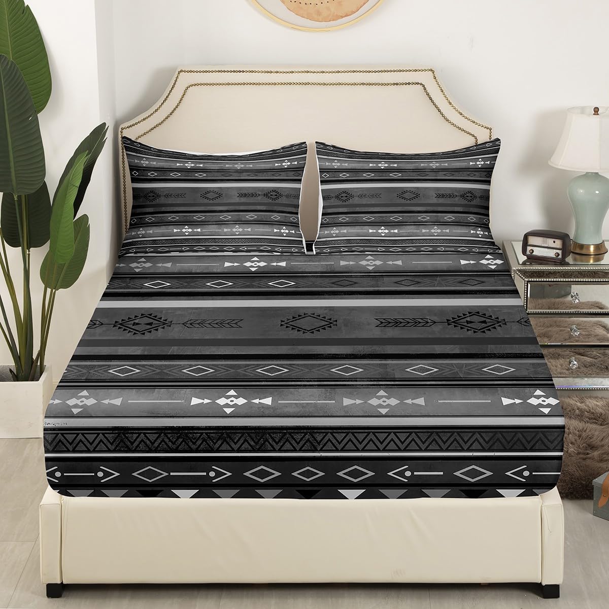 jejeloiu Southwestern Bed Sheet Set Twin Size Tribal Fitted Sheet for Kids Boys Geometric Bedding Set Native American Design Grey Bed Cover Deep Pocket Bedroom