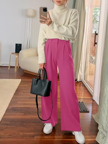 NIeyook High Elastic Waisted Wide Leg Pants for Women Casual Flowy Long Relaxed Fit Palazzo Pants with Pockets Hot Pink