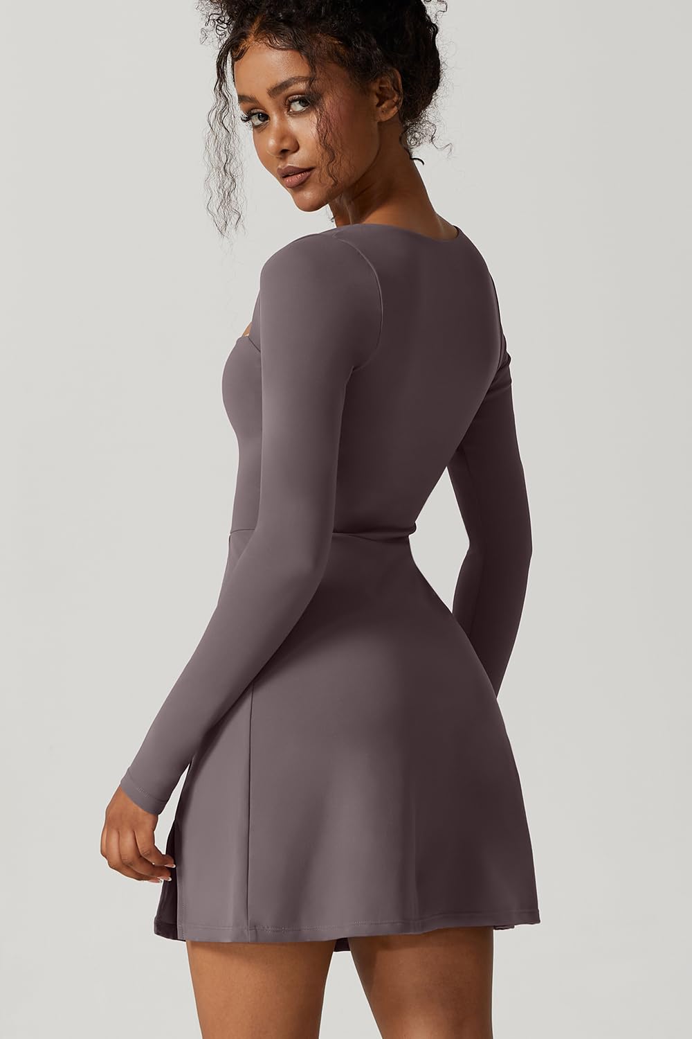 QINSEN Women's Long Sleeve Fall Winter Dress Square Neck High Waist Mini Dress Tea Leaf S