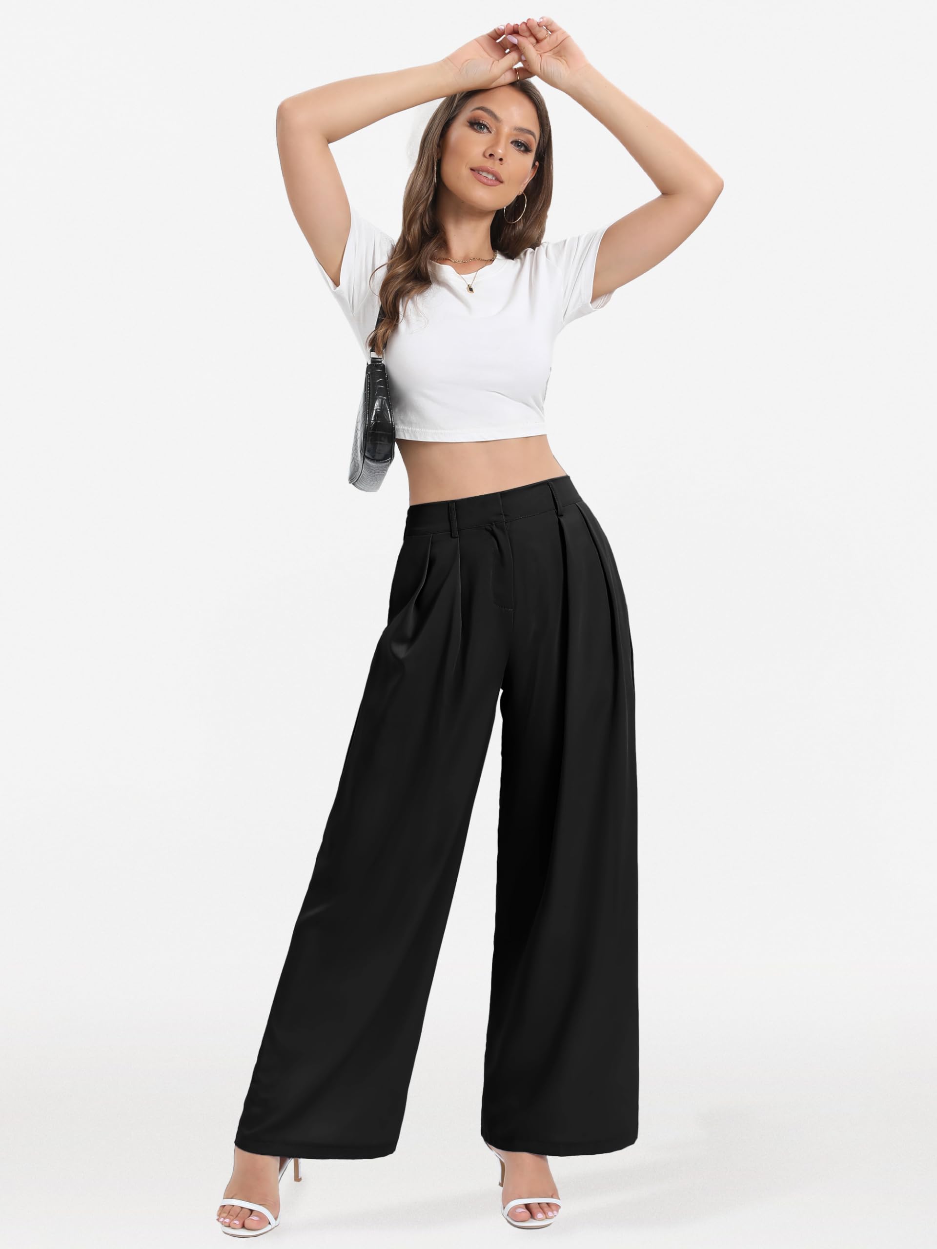 NIeyook Women's Wide Leg Pants Elastic High Waisted Trousers Business Work Casual Pants with Pockets Black