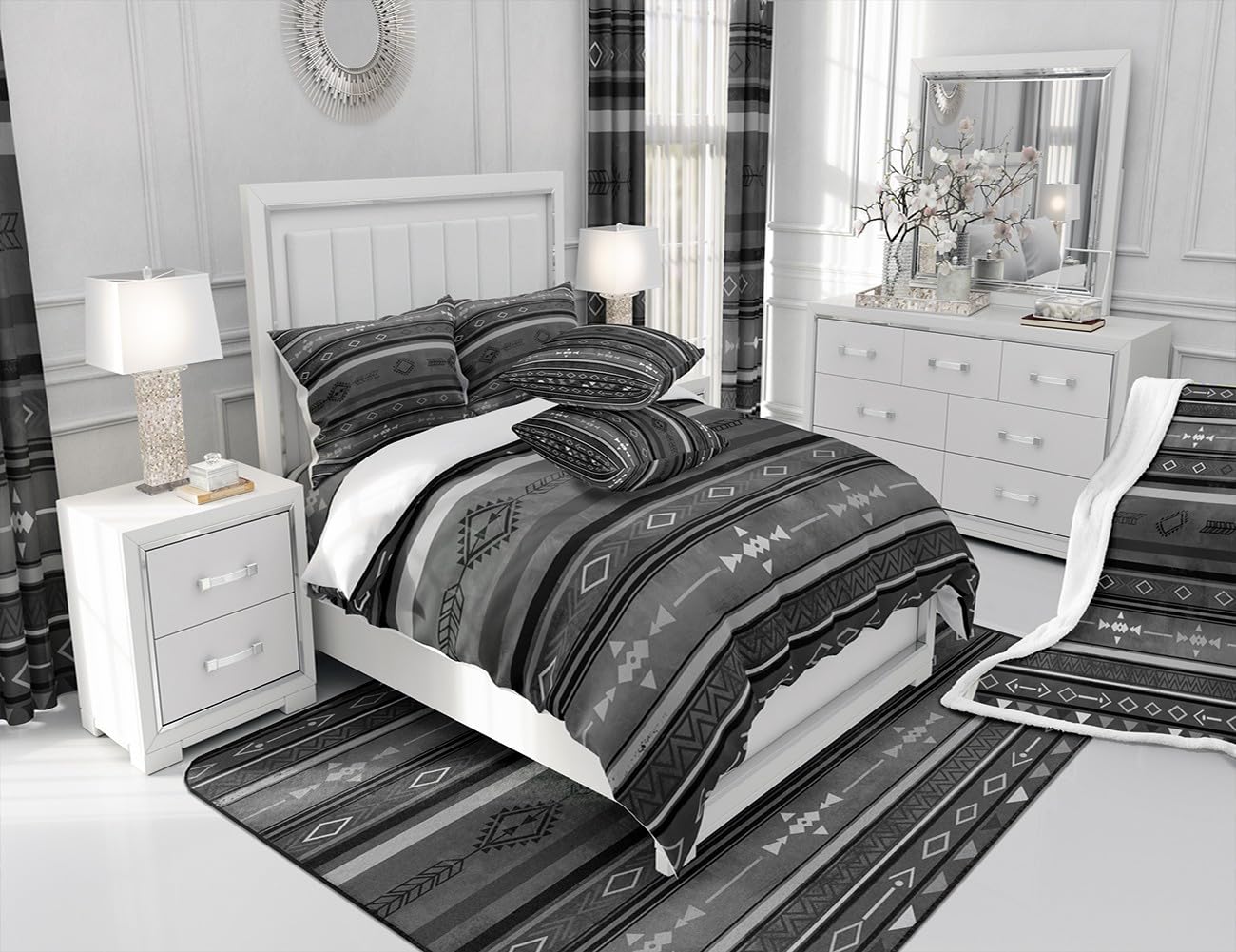 jejeloiu Southwestern Bed Sheet Set Twin Size Tribal Fitted Sheet for Kids Boys Geometric Bedding Set Native American Design Grey Bed Cover Deep Pocket Bedroom
