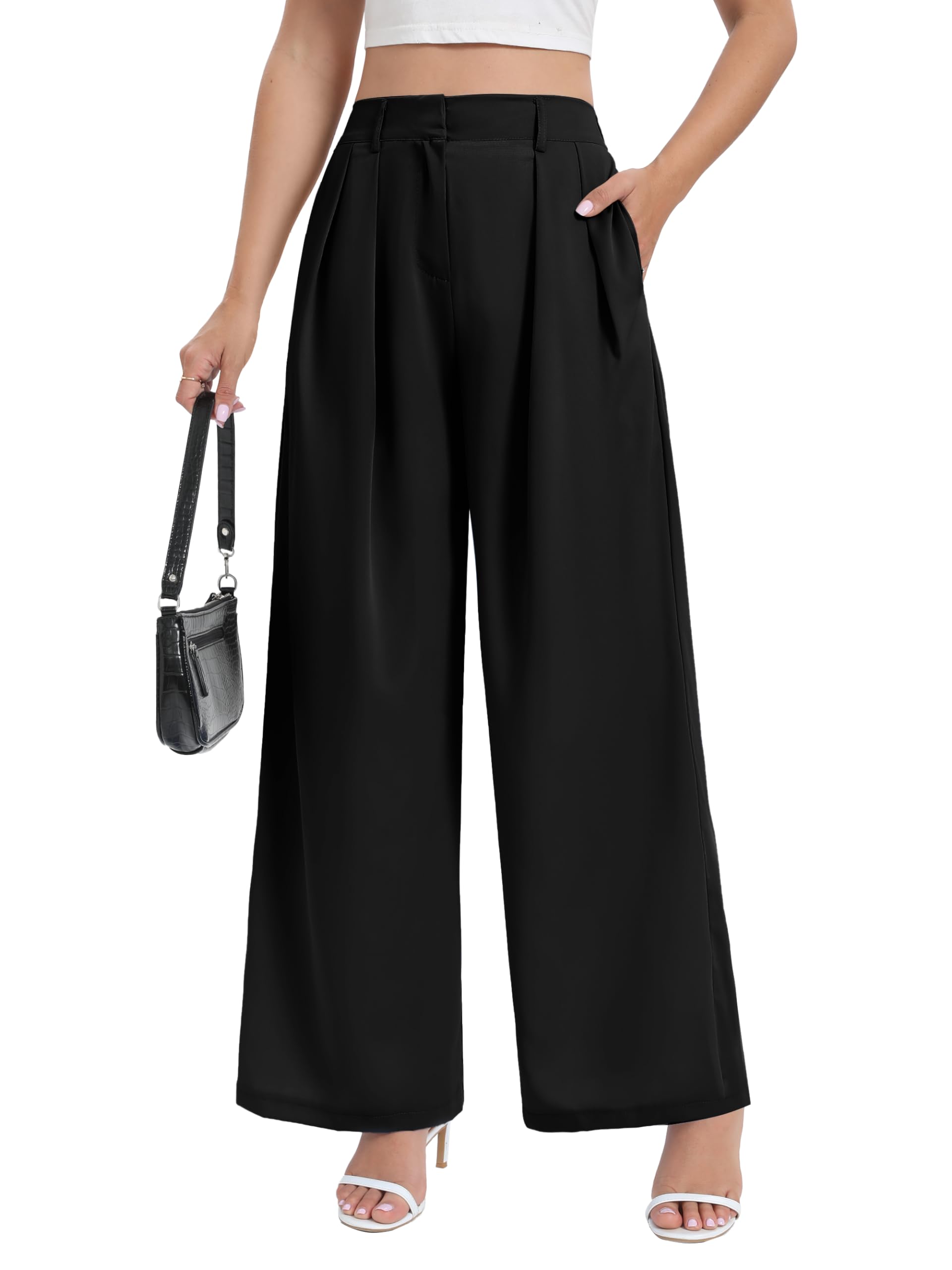 NIeyook Women's Wide Leg Pants Elastic High Waisted Trousers Business Work Casual Pants with Pockets Black