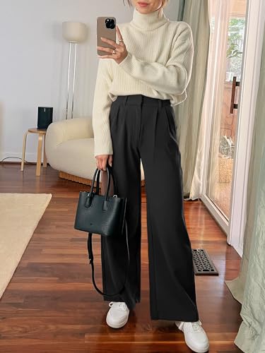 NIeyook Women's Wide Leg Pants Elastic High Waisted Trousers Business Work Casual Pants with Pockets Black
