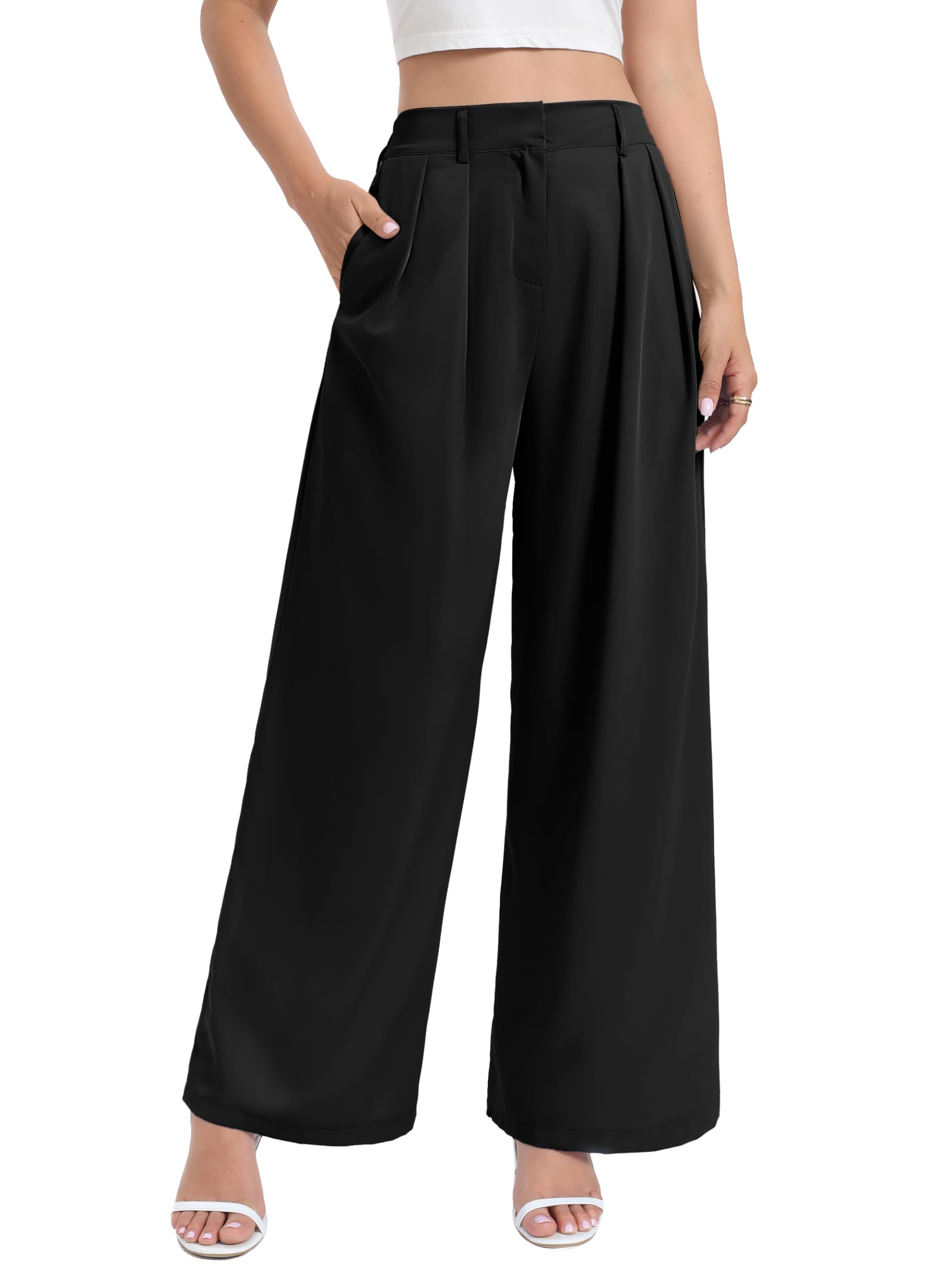 NIeyook Women's Wide Leg Pants Elastic High Waisted Trousers Business Work Casual Pants with Pockets Black