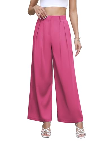 NIeyook High Elastic Waisted Wide Leg Pants for Women Casual Flowy Long Relaxed Fit Palazzo Pants with Pockets Hot Pink