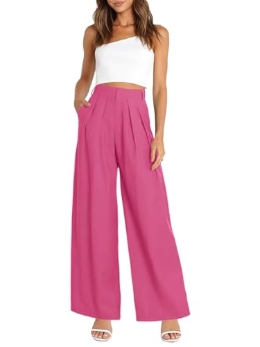 NIeyook High Elastic Waisted Wide Leg Pants for Women Casual Flowy Long Relaxed Fit Palazzo Pants with Pockets Hot Pink