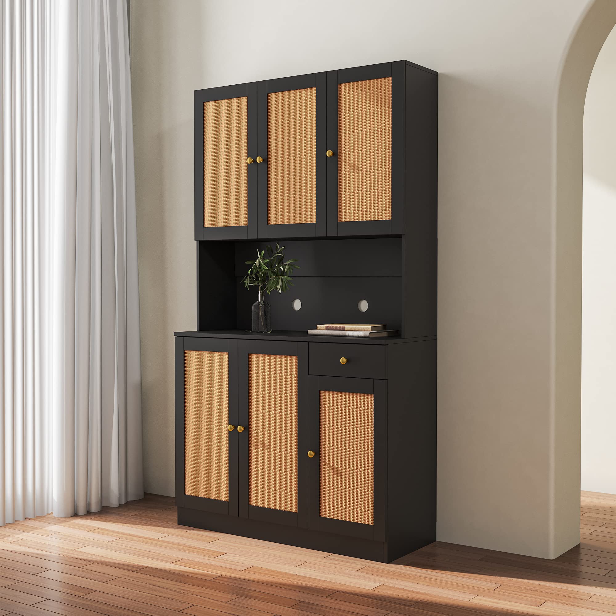 GODAFA 70.87" Tall Wardrobe & Kitchen Cabinet-Spacious Storage Solution with 6-Doors, 1-Open Shelf, and 1-Drawer-Ideal for Bedroom Organization, Black