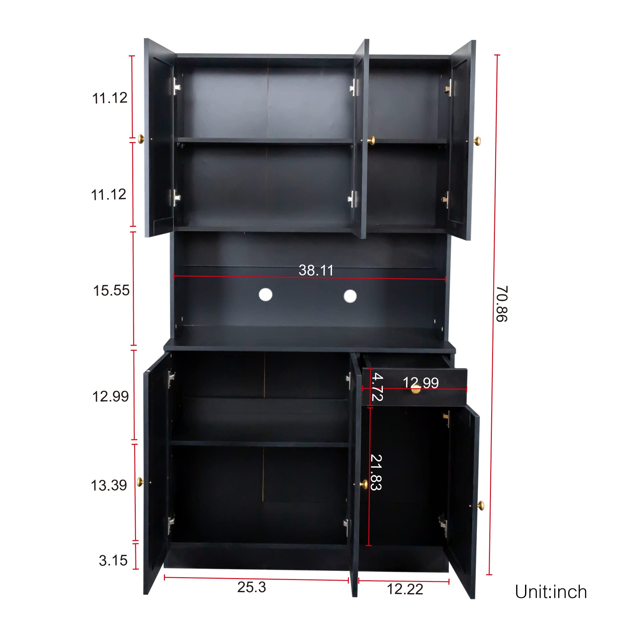 GODAFA 70.87" Tall Wardrobe & Kitchen Cabinet-Spacious Storage Solution with 6-Doors, 1-Open Shelf, and 1-Drawer-Ideal for Bedroom Organization, Black