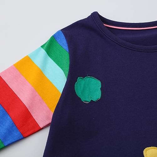 Little Girl Long Sleeve Dress Rainbow Stripe Back to School Pocket Pen Applique Navy Blue Autumn Dresses 6 Years