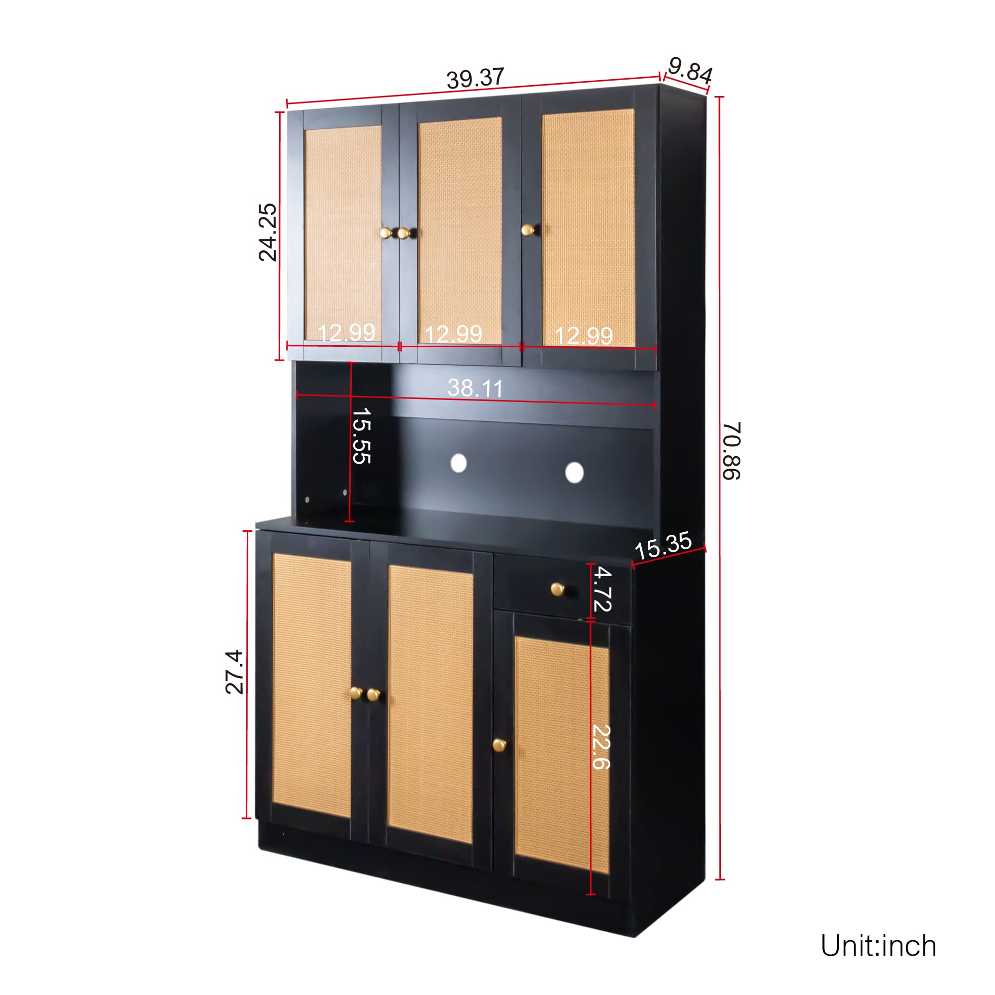 GODAFA 70.87" Tall Wardrobe & Kitchen Cabinet-Spacious Storage Solution with 6-Doors, 1-Open Shelf, and 1-Drawer-Ideal for Bedroom Organization, Black