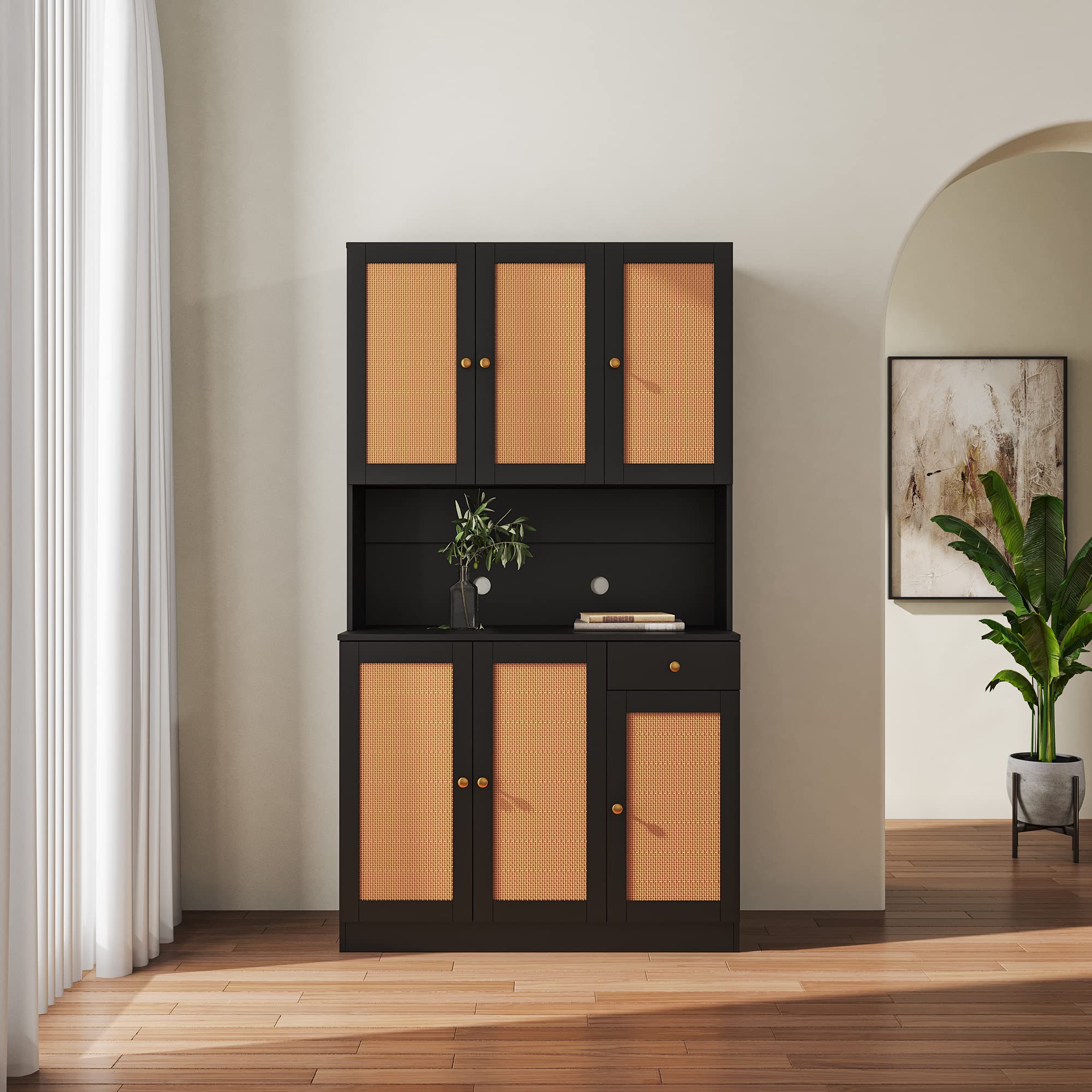 GODAFA 70.87" Tall Wardrobe & Kitchen Cabinet-Spacious Storage Solution with 6-Doors, 1-Open Shelf, and 1-Drawer-Ideal for Bedroom Organization, Black