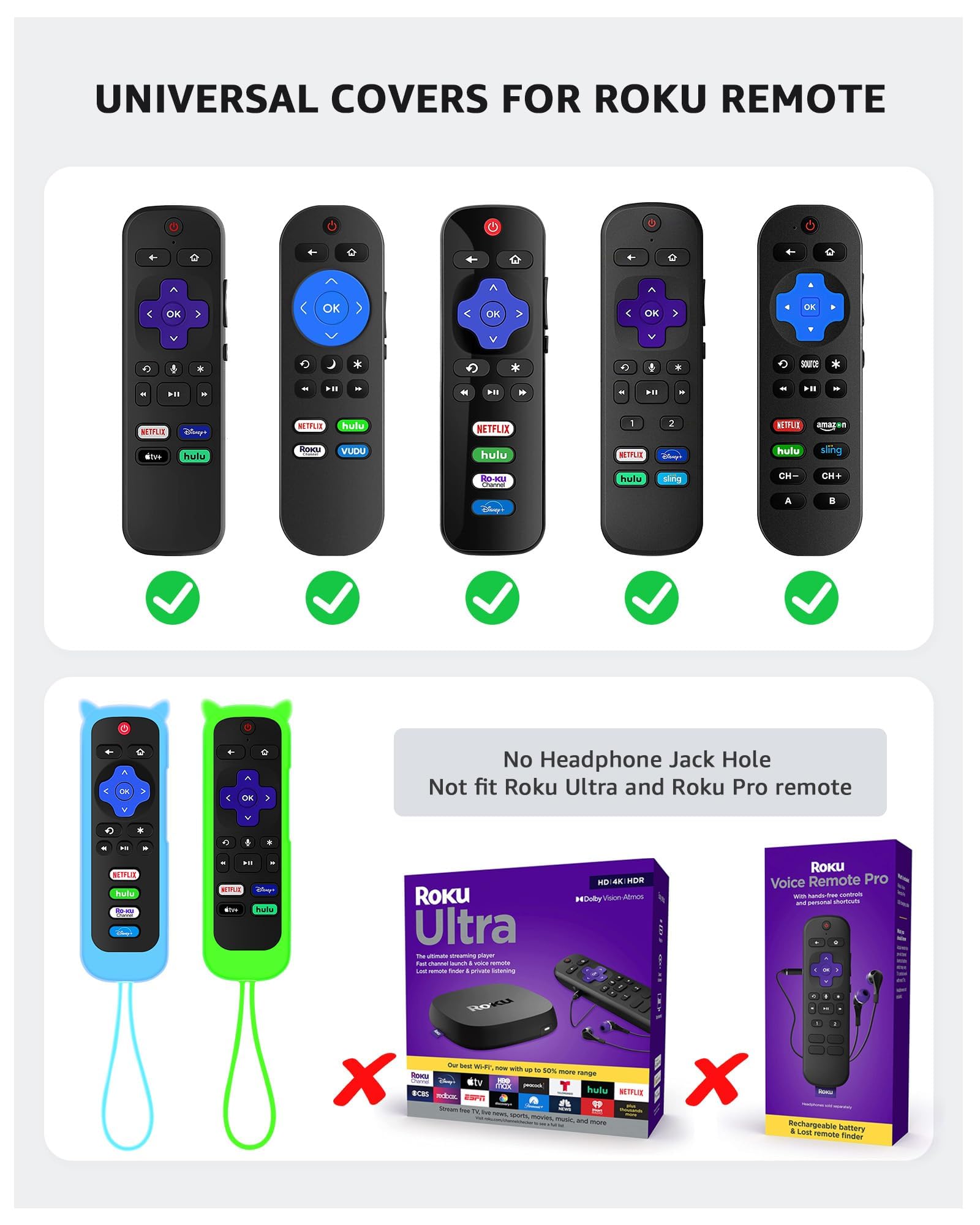 3Pcs Cover for Roku Remote with Cat Ears Design, Silicone Skin Case Compatible with Hisense/TCL Roku TV, Steaming Stick/Express, Universal Replacement Controller. Glow in The Dark Green/Blue/Purple