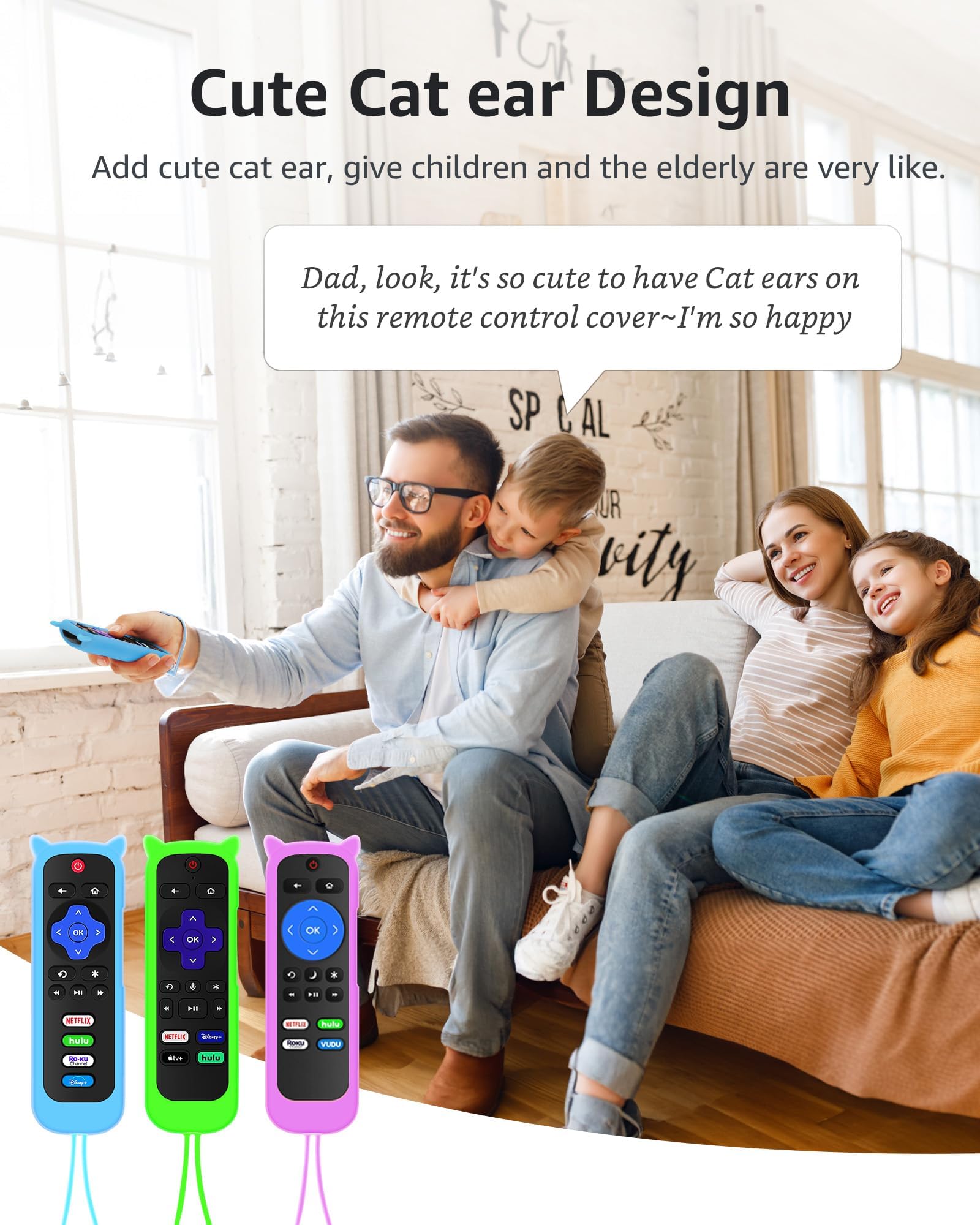 3Pcs Cover for Roku Remote with Cat Ears Design, Silicone Skin Case Compatible with Hisense/TCL Roku TV, Steaming Stick/Express, Universal Replacement Controller. Glow in The Dark Green/Blue/Purple