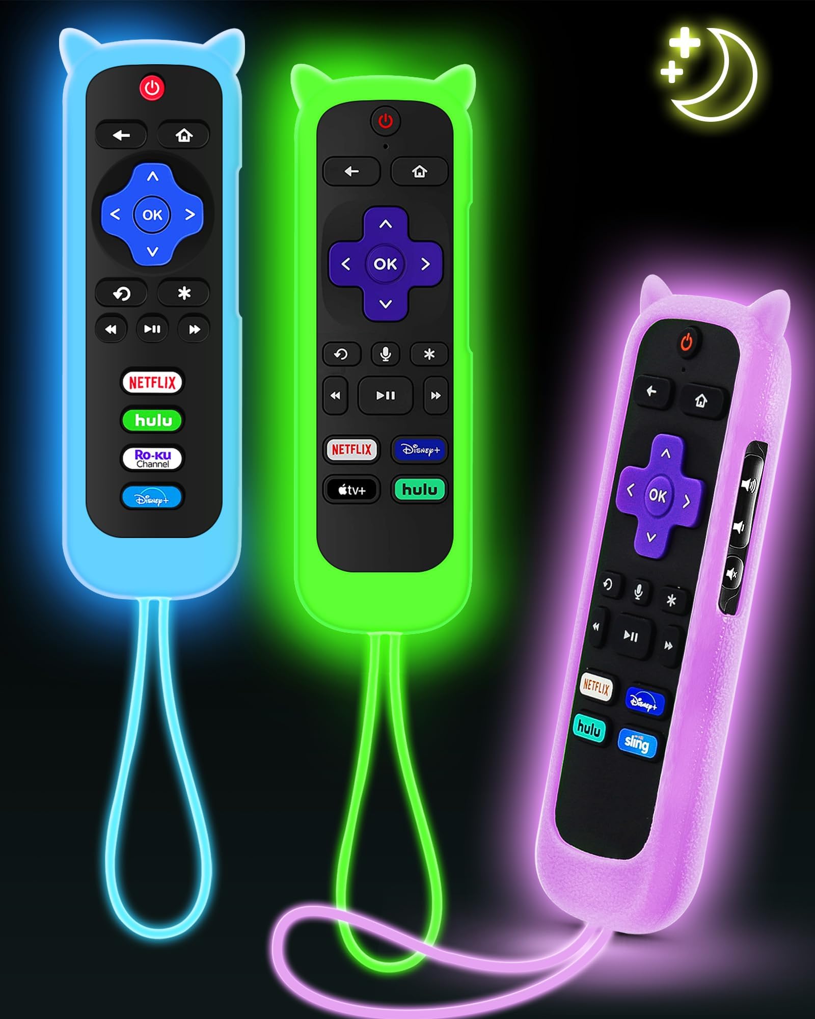 3Pcs Cover for Roku Remote with Cat Ears Design, Silicone Skin Case Compatible with Hisense/TCL Roku TV, Steaming Stick/Express, Universal Replacement Controller. Glow in The Dark Green/Blue/Purple