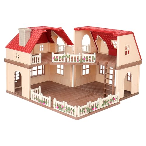 Family Cozy Cabin Doll House Playset, Dollhouse Furniture and Accessories,DIY Cottage Pretend Play Dollhouses, for Toddlers, Boys & Girls