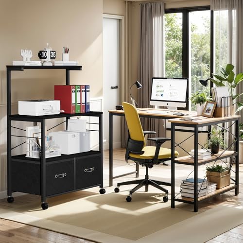 VECELO Lateral File Cabinet with 3 Shelf, 2 Drawer File-Cabinet on Brakeable Wheels, Large Printer Stand with Open Storage Shelf fits Letter Size for Home Office, Black