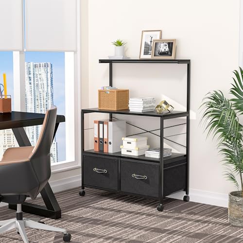 VECELO Lateral File Cabinet with 3 Shelf, 2 Drawer File-Cabinet on Brakeable Wheels, Large Printer Stand with Open Storage Shelf fits Letter Size for Home Office, Black