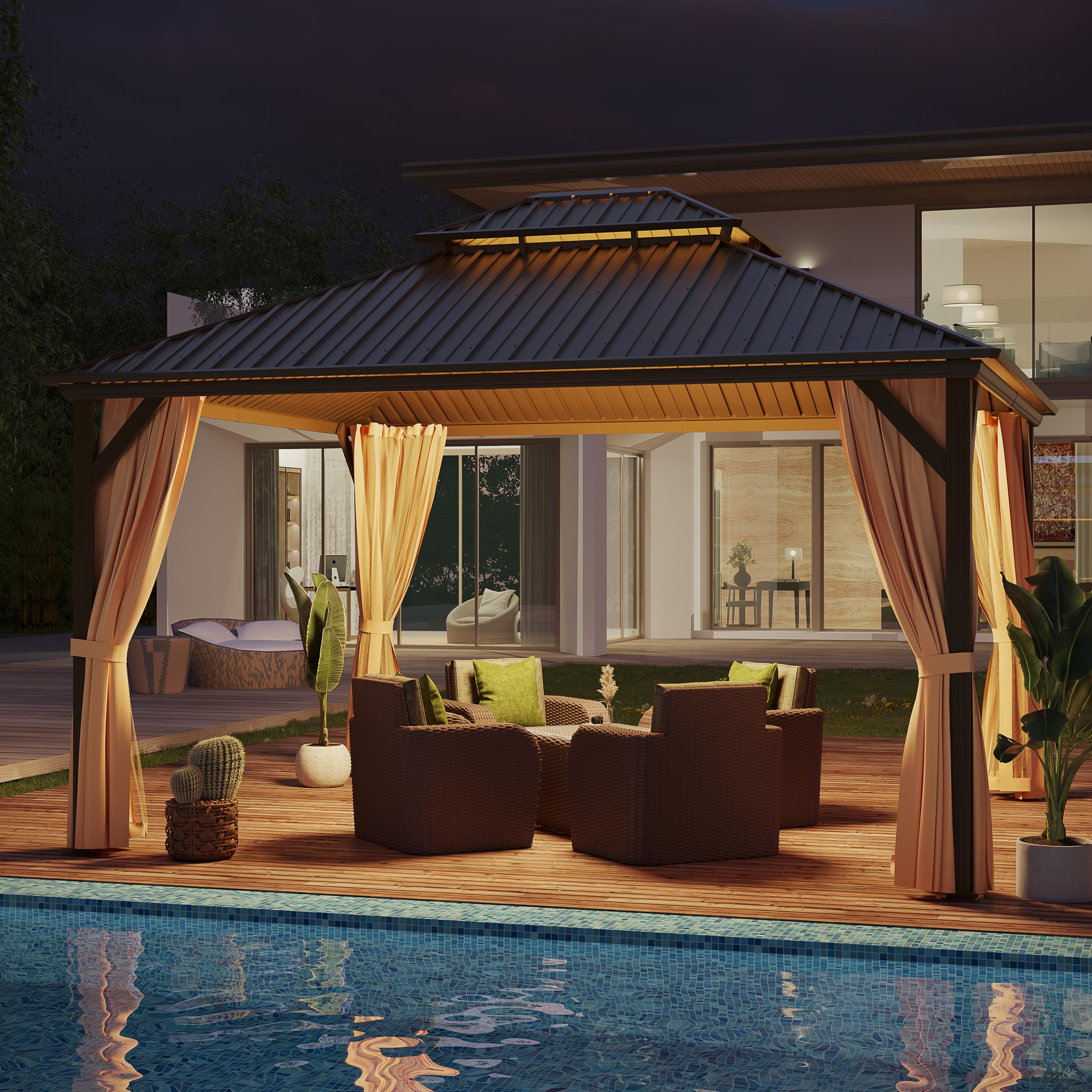 LATTOY 12'x14' Permanent Hardtop Gazebo, Outdoor Galvanized Steel Double Roof Pavilion Pergola Canopy with Aluminum Frame and Privacy Curtains for Garden Patio,Patio Backyard,Deck and Lawns