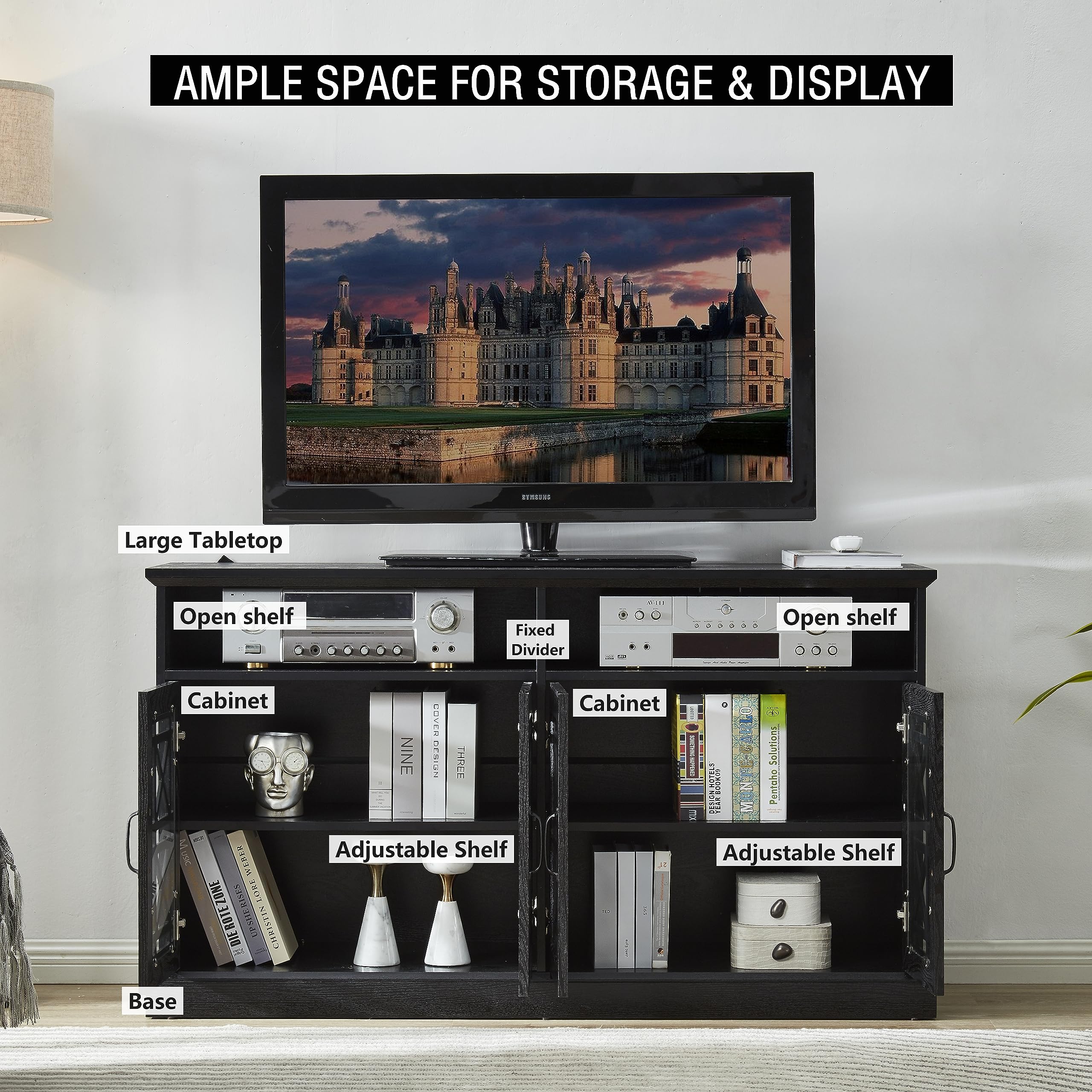 SUPPNEED 53" TV Console/Storage Buffet Cabinet/Sideboard, Black- Wood Grain Finish