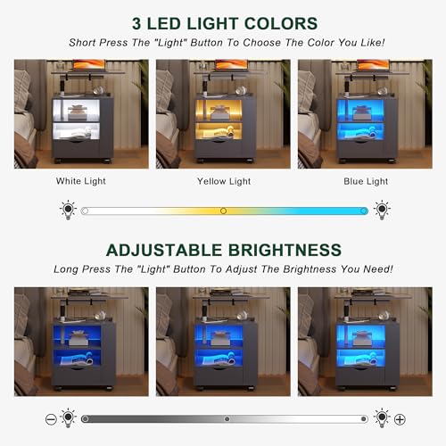 HNEBC LED Nightstand with Wireless Charging Station,Grey Nightstand Has Adjustable Rotary Table,Bedside Tables with One Drawer and 2 Mezzanines/Infrared Induction 3 Color Lighting (On The Right)