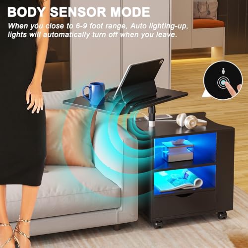 HNEBC LED Nightstand with Wireless Charging Station,Nightstand Has Adjustable Rotary Table,Bedside Tables with One Drawer and 2 Mezzanines/Infrared Induction 3 Color Lighting (On The Right)