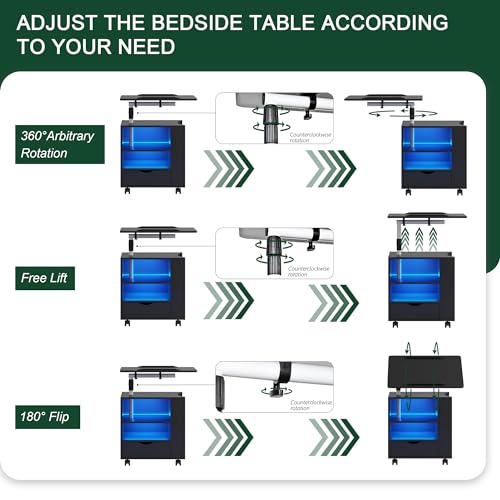 HNEBC LED Nightstand with Wireless Charging Station,Nightstand Has Adjustable Rotary Table,Bedside Tables with One Drawer and 2 Mezzanines/Infrared Induction 3 Color Lighting (On The Right)