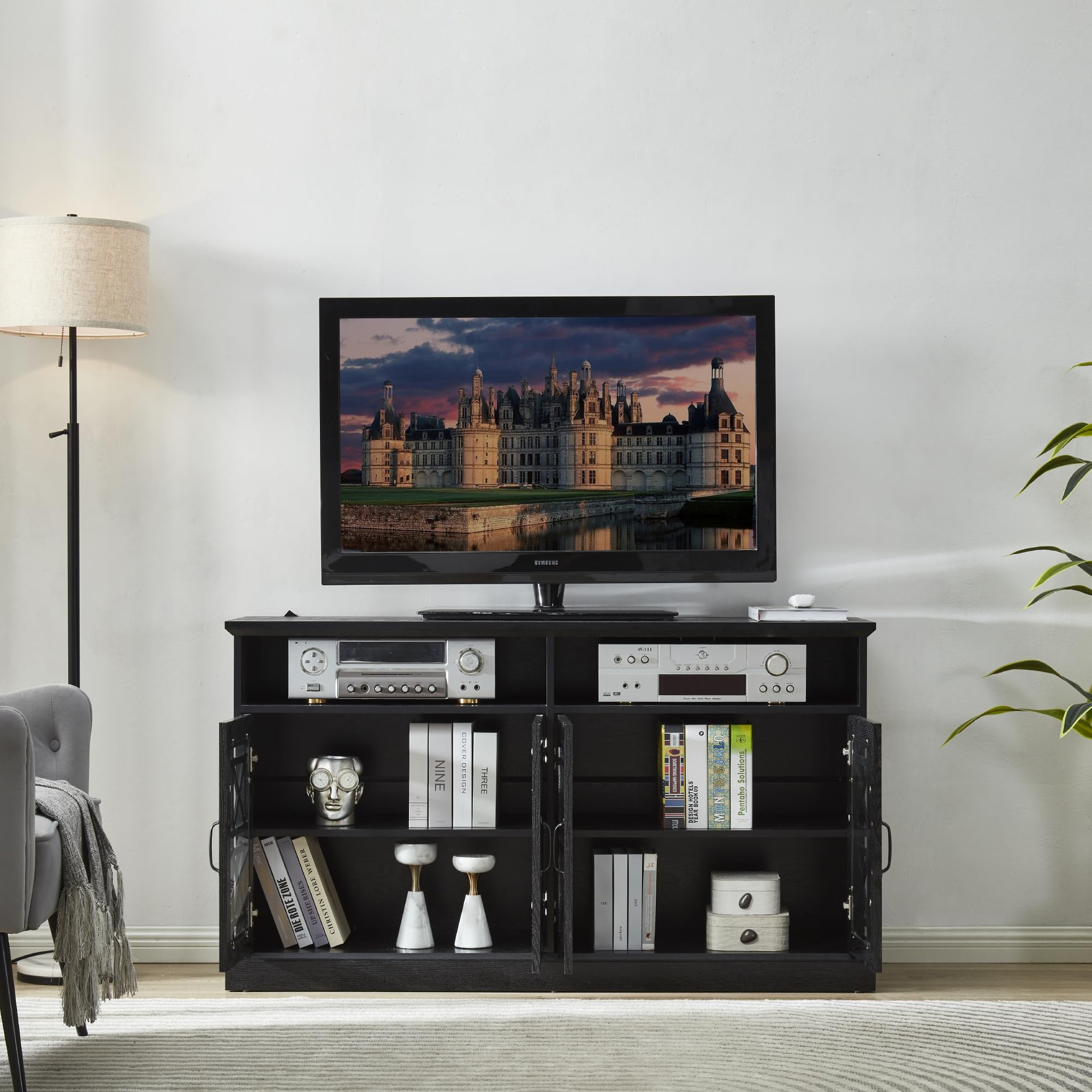 SUPPNEED 53" TV Console/Storage Buffet Cabinet/Sideboard, Black- Wood Grain Finish