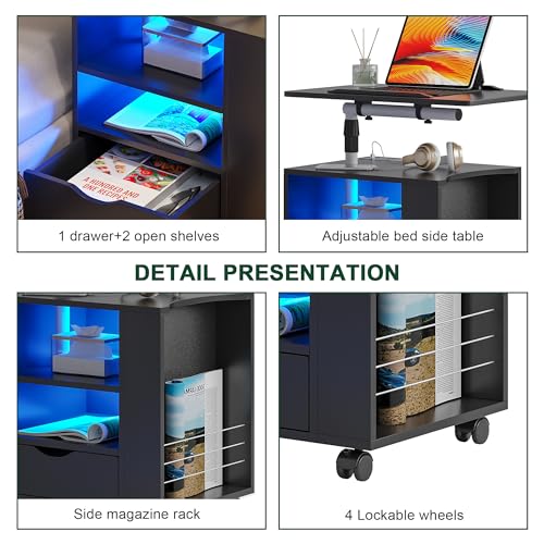 HNEBC LED Nightstand with Wireless Charging Station,Nightstand Has Adjustable Rotary Table,Bedside Tables with One Drawer and 2 Mezzanines/Infrared Induction 3 Color Lighting (On The Right)